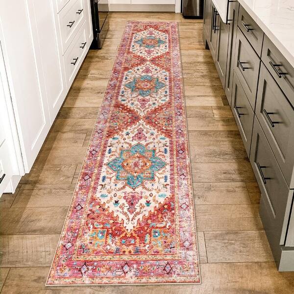 2x8 Pink Boho Runner Rug - Washable Vintage Non-Slip Low Pile Carpet ...