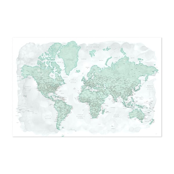 Mint and gray watercolor world map with cities Maps Art Print/Poster ...