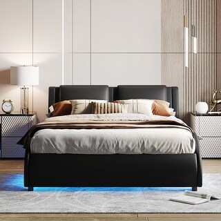 Queen Size Upholstered Faux Leather Platform Bed with LED Light Bed ...