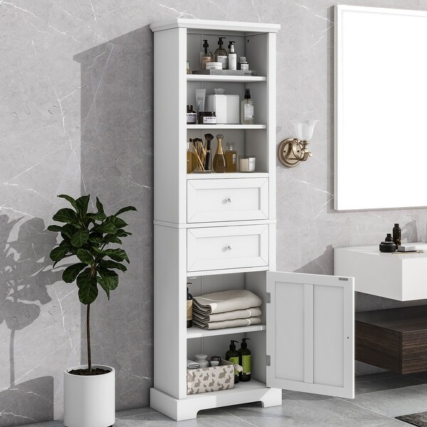 Tall Bathroom Storage Cabinet with 1 Door and 2 Drawers Freestanding Storage Adjustable Shelf MDF Board White Bed Bath Beyond 39514347
