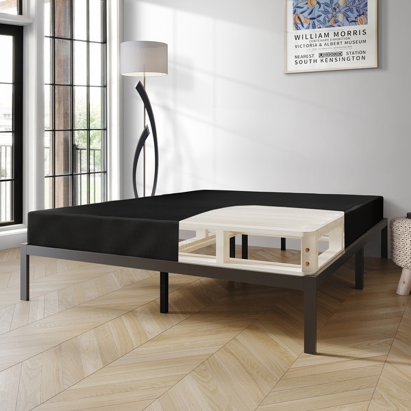 CraftPorch Solid Wood 5 Inch Box Spring Foundation with Wood Slats with Black Linen Cover On Sale Bed Bath Beyond 39055513