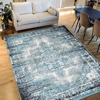 HR Timeless Elegance: White and Charcoal Blue Faded Oriental Distressed ...