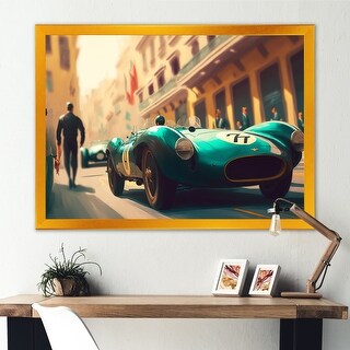 Designart "Vintage Blue Race Car In Street Race I" Exotic Car Framed ...