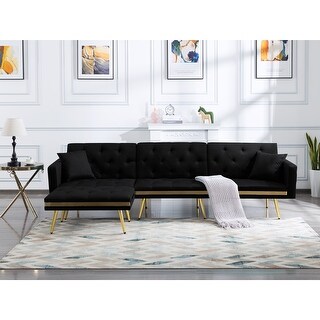Glam Black Velvet Upholstered L-Shape Sectional Set Sleeper Sofa - Bed Bath & Beyond - 37516394