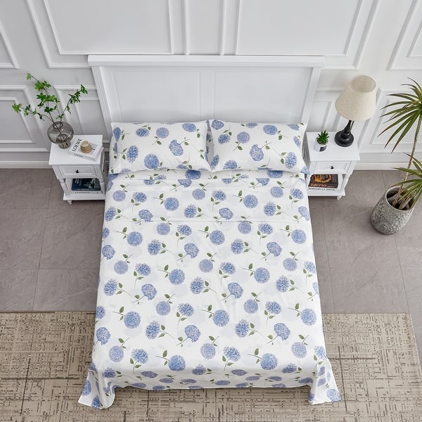 Printed Design Cotton Collection 400TC Hemstitch Blue Hydrangea Sheet ...