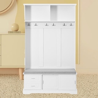 3-in-1 Hall Tree with Sliding Doors, Coat Rack, Padded Bench and Shoe ...