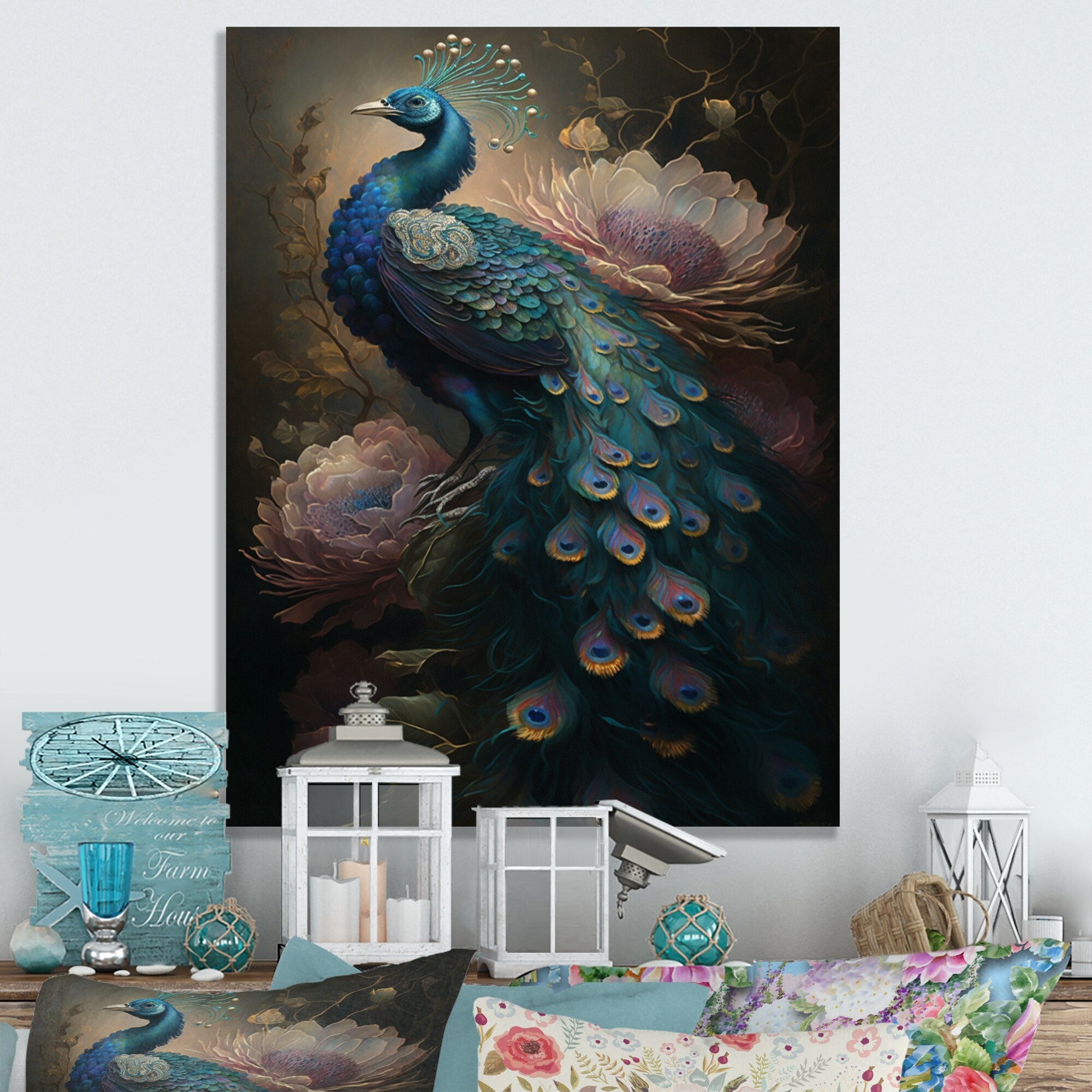 Designart "Peacock Abstract Collage II" Animals Wall Art Living Room ...