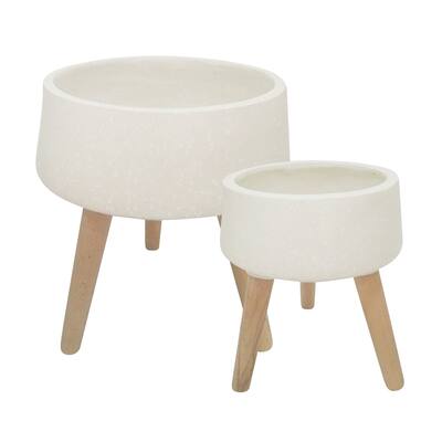 Ceramic Body Planter with Wooden Angled Legs, Set of Two, White and ...