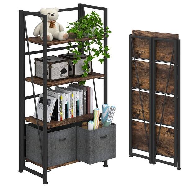 No-Assembly Folding Bookshelf Storage Shelves 4 Tiers Vintage Bookcase ...