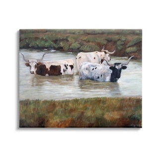 Stupell Longhorn Cattle Bathing Rural Pond Canvas Wall Art by Kathy ...