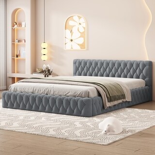 Queen Size Velvet Upholstered Platform Bed with Diamond Grid Headboard ...