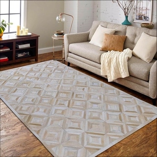 Hand-Stitched Ivory and Beige Geometric Leather Area Rug by Tufty Home ...