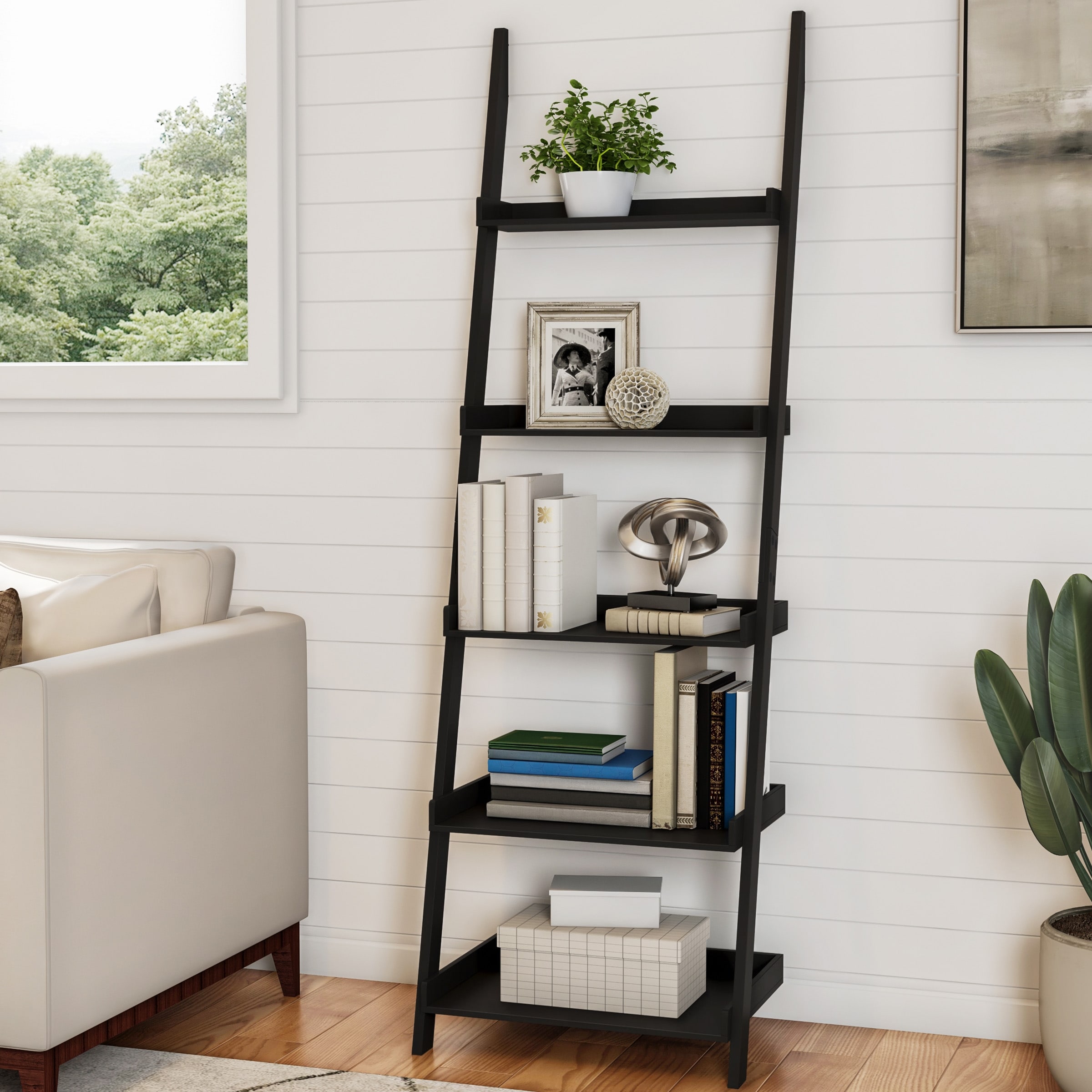 Lavish Home 5 Tier Ladder Bookshelf Leaning Decorative Shelves Black