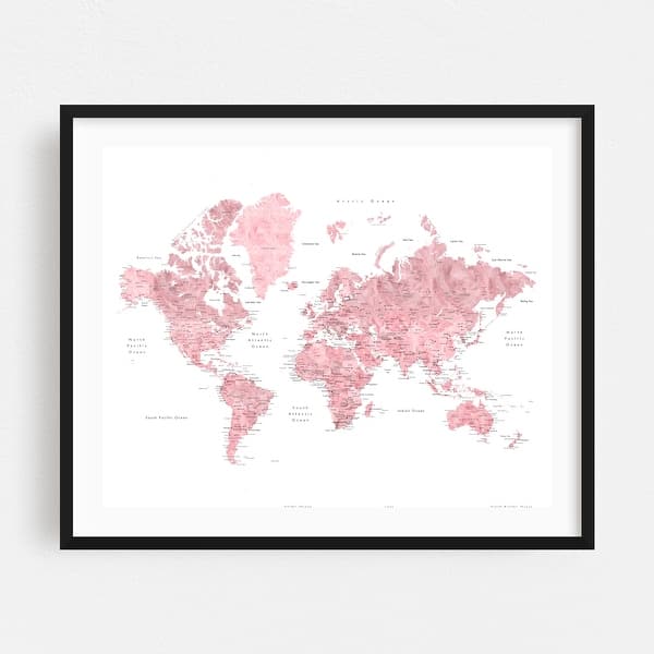 Pink Watercolor World Map with Cities Maps Pastels Art Print/Poster ...