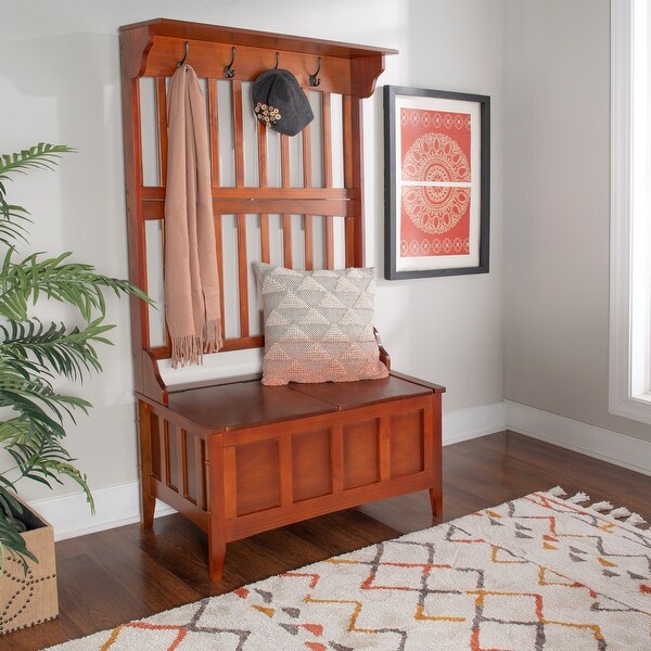 Hall Tree with Storage Bench, Upper Cubbies and 4 Double Coat Hooks ...
