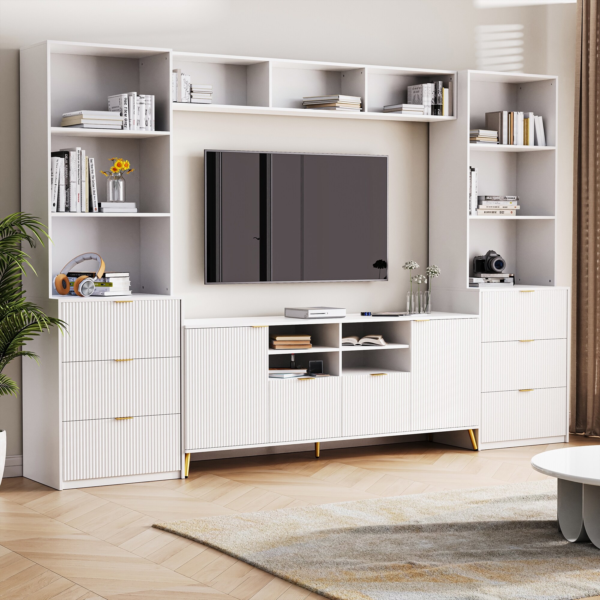 Everly Quinn 4 Piece Entertainment Wall Unit With 13 Shelves 8 Drawers And 2 Cabinets Multifunctional TV Stand Media Storage Cabinet With Fluted Line