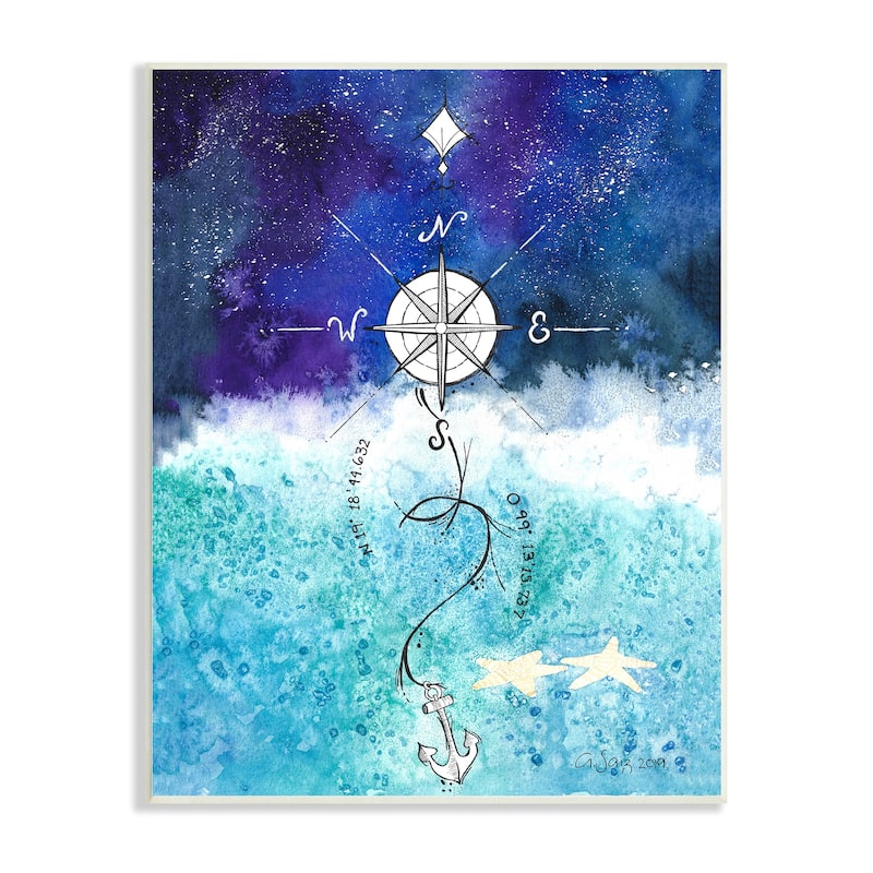 Stupell Night Sky Blue Ombre Ocean Waves Nautical Compass Anchor Wood ...