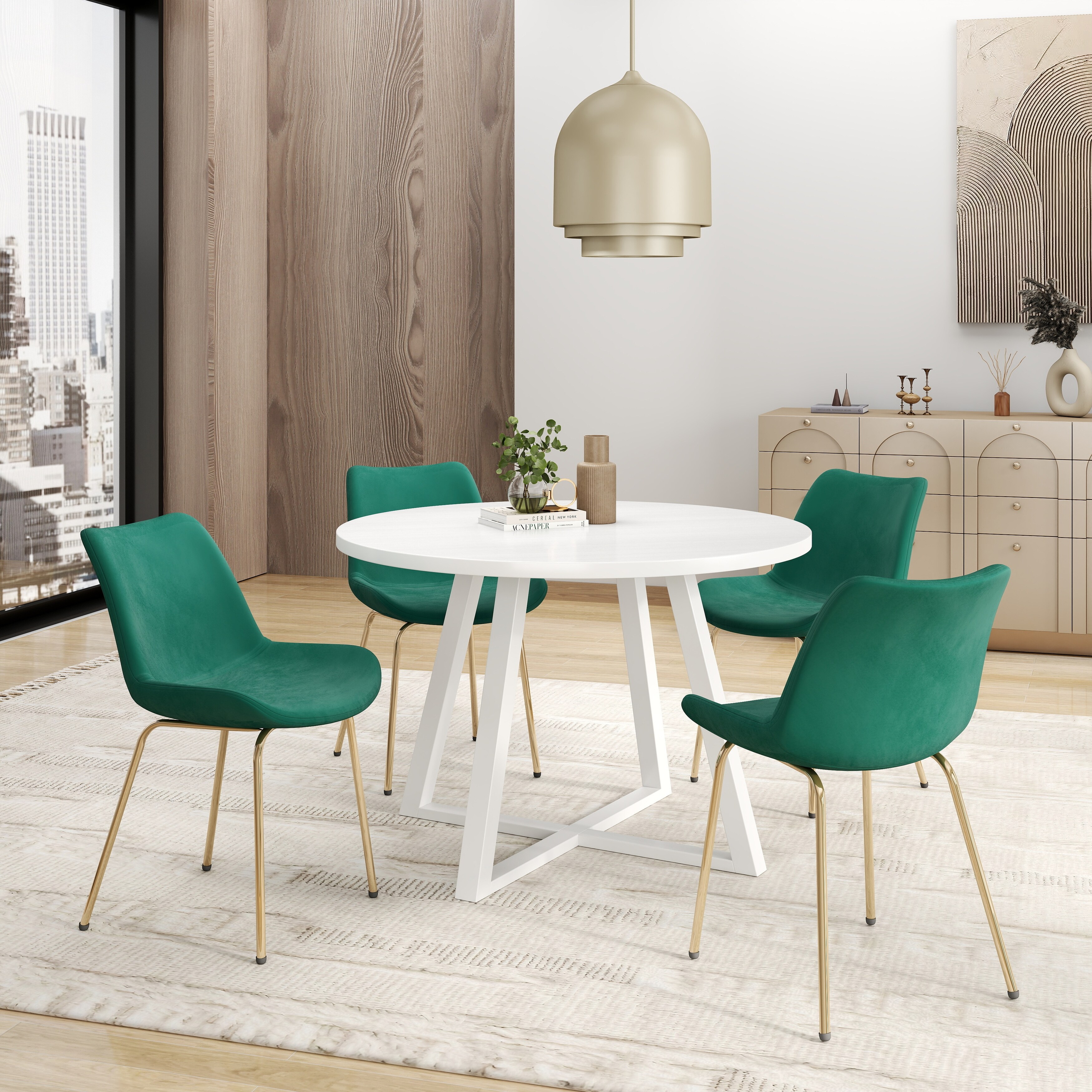 EDWINRAYLLC 5 Piece Dining Table Set 4 Green Chairs and White Round Kitchen Table White Table Green Chairs