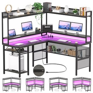 L-Shaped Gaming Desk Table Computer RGB Light & Power Outlets Gray ...