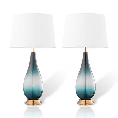 28 in. Gradient Green Glass and Bronze Base Indoor Table Lamp Set with ...