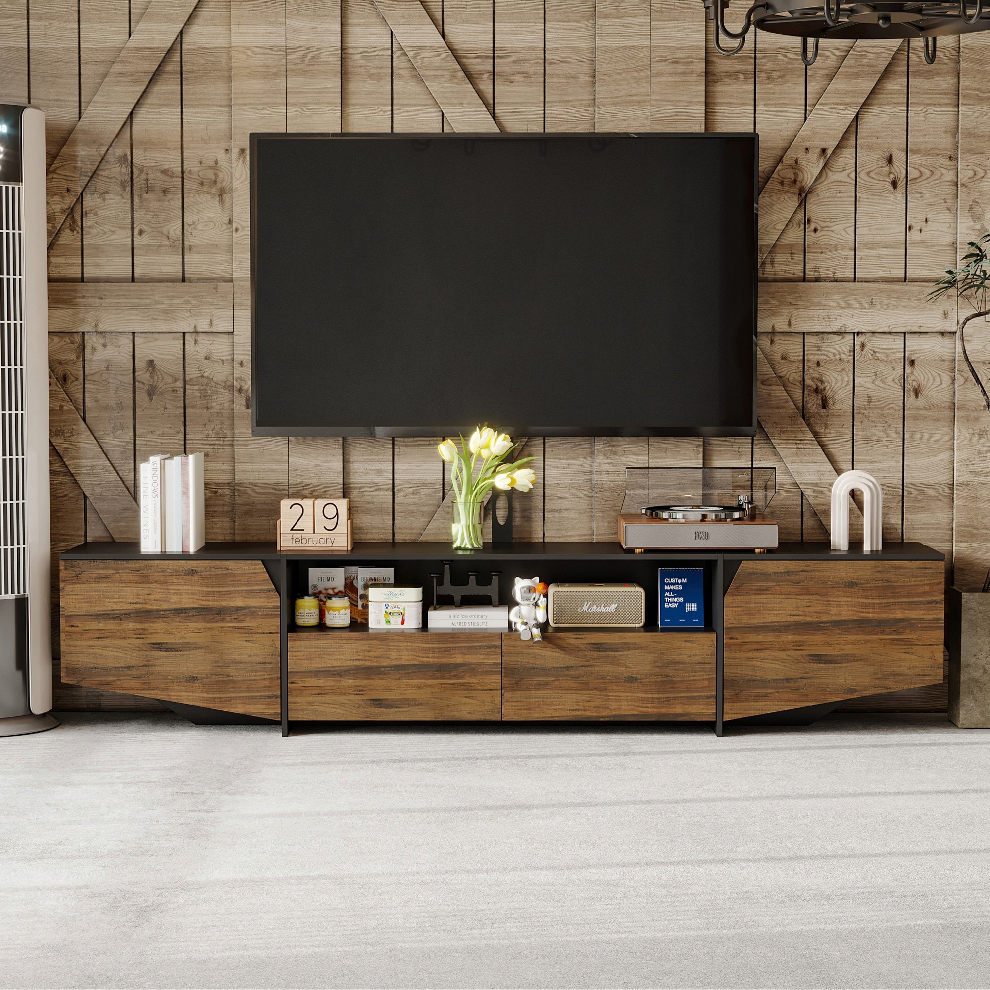 Large Wooden TV Stand with Built in TV Mount 2 Cabinets and 2 Drawers