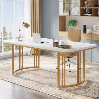 63" White Gold Executive Desk Office Desk with Geometric Base - Bed ...