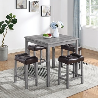 Brown+Light Gray Bar Table Set, 5 Piece Dining Table Set w/ 4 PU Stool ...