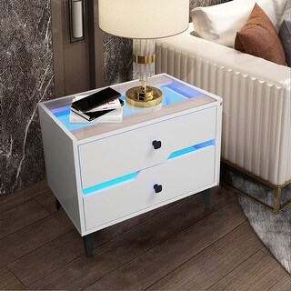 Smart Bedside Table,Nightstand with LED Light High Gloss Table with 2 ...
