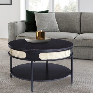 Bert 32 Inch Round Coffee Table, Rattan Apron Accent, Metal Legs, Black ...
