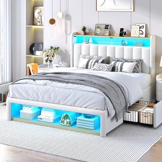 Queen Upholstered Cloud Bed Frame with LED Lights, Storage Drawers ...