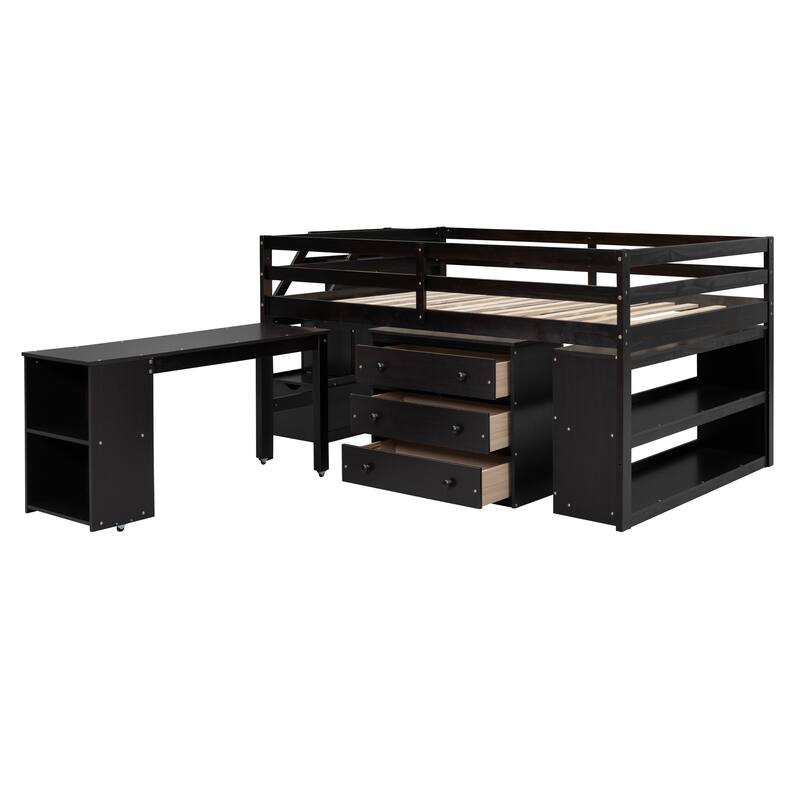 Espresso Full Size Wooden Loft Bed with Retractable Writing Desk and 3 ...