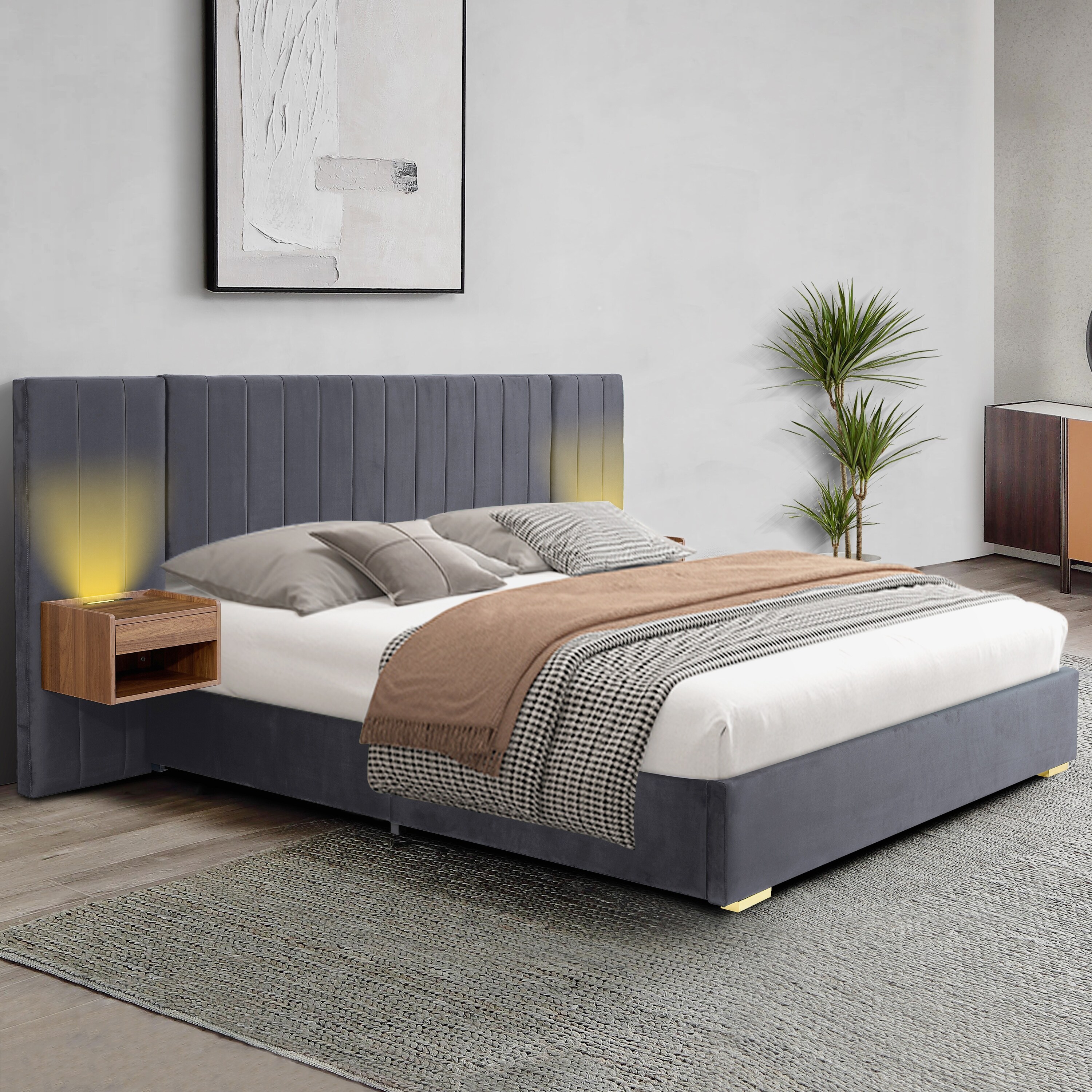 Upholstered King Size Platform Bed with Floating Nightstand Bed Bath Beyond 42135716