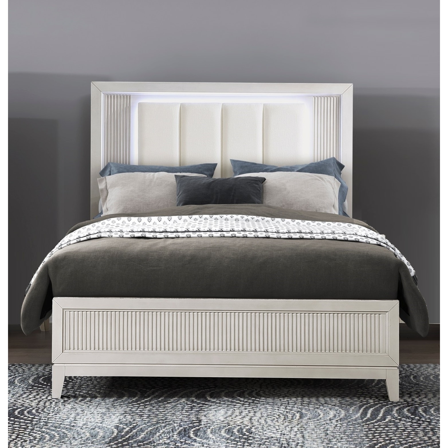 LED Lighted Queen Bed with Upholstered Headboard Reeded Fronts and Antique White Finish Modern Bedroom Furniture Bed Bath Beyond 42387601