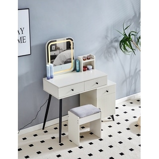 Fluted Panel Makeup Vanity with Square LED Mirror, Storage Drawers ...