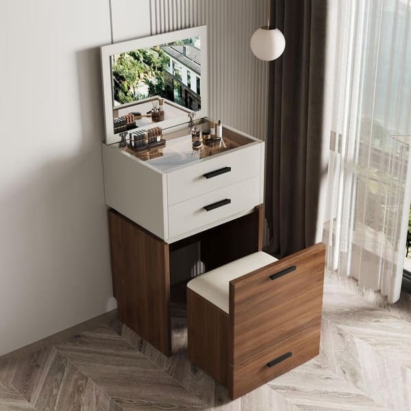 Compact Vanity Set with Flip-Top Mirror and Padded Stool, Modern ...
