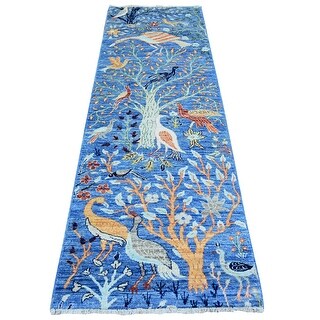 Shahbanu Rugs Berry Blue Hand Knotted Afghan Peshawar with Birds of ...
