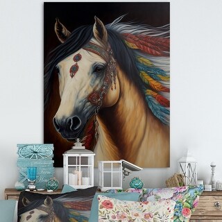 Designart 'Amerindian Horse With Feathers V' Animals Horse Indian Metal ...