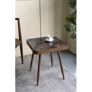 Square Side Table with Glass Top, Marbled Design, and Iron Legs - Bed ...