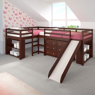 Double Twin L-Shaped Slide Loft Bedroom Set in Dark Cappuccino - Bed ...