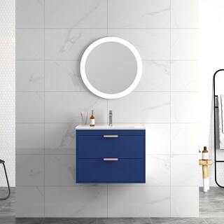 30" Striped Navy Blue Bathroom Vanity with White Ceramic Sink, Wall ...