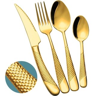 16-Piece Hammered Silverware Set with Ultra Sharp 2-IN-1 Serrated ...