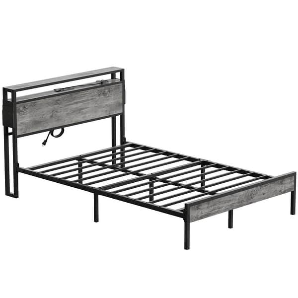 Metal Bed Frame Platform Bed with Storage Headboard LED Lights and ...