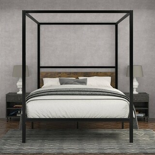 Full Size Canopy Bed Frame with Rustic Wooden Headboard, Black - Bed ...