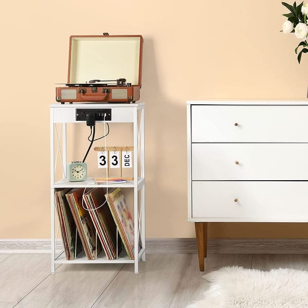 3-Tier Vinyl Record Storage Shelf Turntable Stand with Charging Station ...