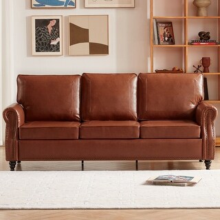 Brown+Tan 79" Faux Leather 3-seater Rolled Arms Sofa with Nailhead and ...