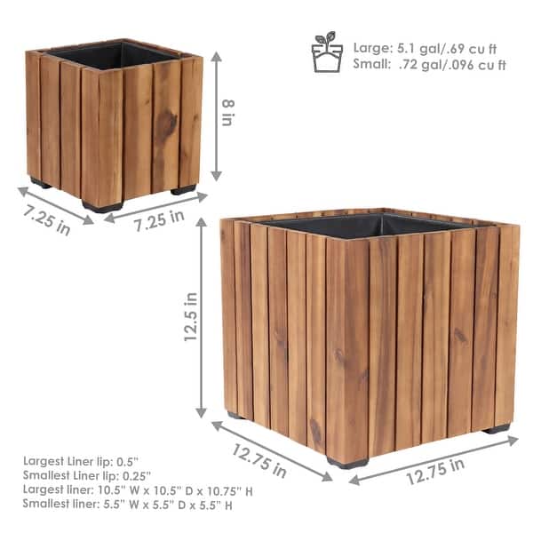 2-Piece Acacia Wood Square Planter Boxes with Plastic Liners - Vertical ...