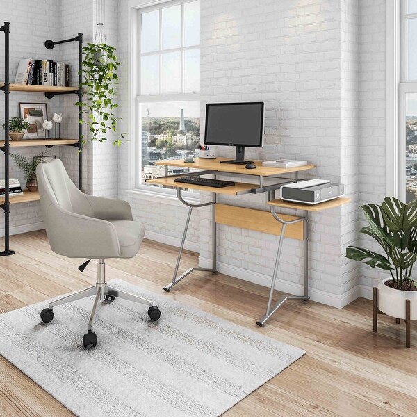 Sleek Cherry Compact Desk with Side Storage Shelf and Pull Out Keyboard Panel for Small Offices