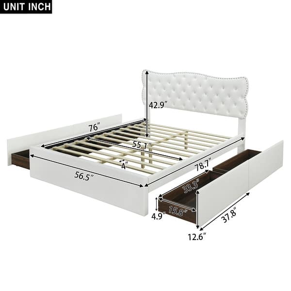 White Full Size Bed Frame with 4 Storage Drawers, Leather Upholstered ...