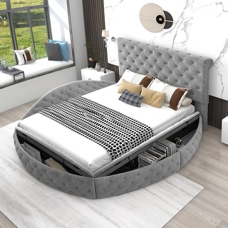 Full Size Round Shape Upholstery Low Profile Storage Platform Bed with ...