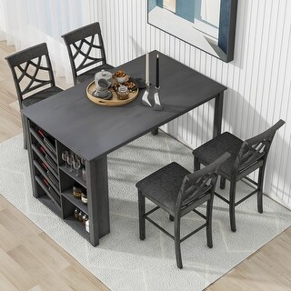 5pcs Dining Set with Curved Wine Rack Dining Table and 4 Chairs, Grey ...